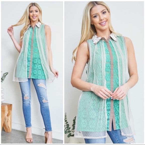Ryu | Tops | Ryu Areve Crochet Jade Green High Collar Button Down Top ...